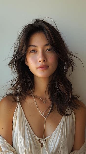 A Woman With Long Brown Hair And A Necklace With A White Background