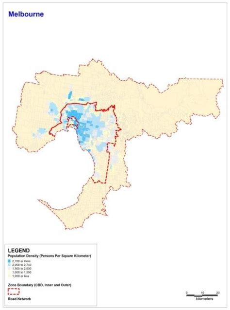 A Melbournes Population Density And Road Network With Large Zones Download Scientific
