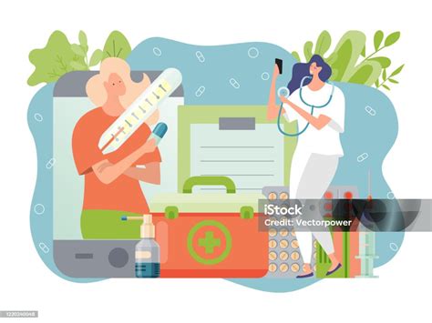 온라인 의사 상담 벡터 일러스트 전문 의료를위한 응용 프로그램 스마트 폰을 사용하여 만화 작은 여성 환자 캐릭터 가공의 인물에 대한 스톡 벡터 아트 및 기타 이미지 Istock