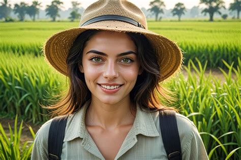 Female Farmer In Front Of Padi Field Of Rice Plants Asian Tropical Farm