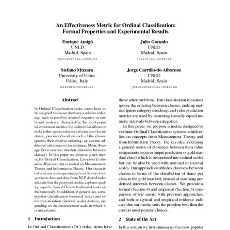 An Effectiveness Metric For Ordinal Classification Formal Properties