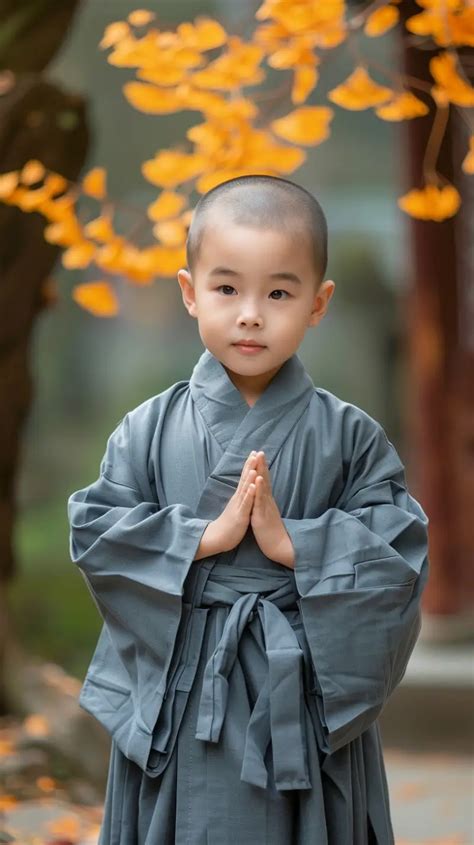 夏天银杏树下，身穿灰蓝色和尚服的小和尚， Midjourney作品展示 Midjourney官网