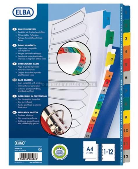 12 Intercalaires Numeriques Elba A4 Mylar Colore 170 G Assorti