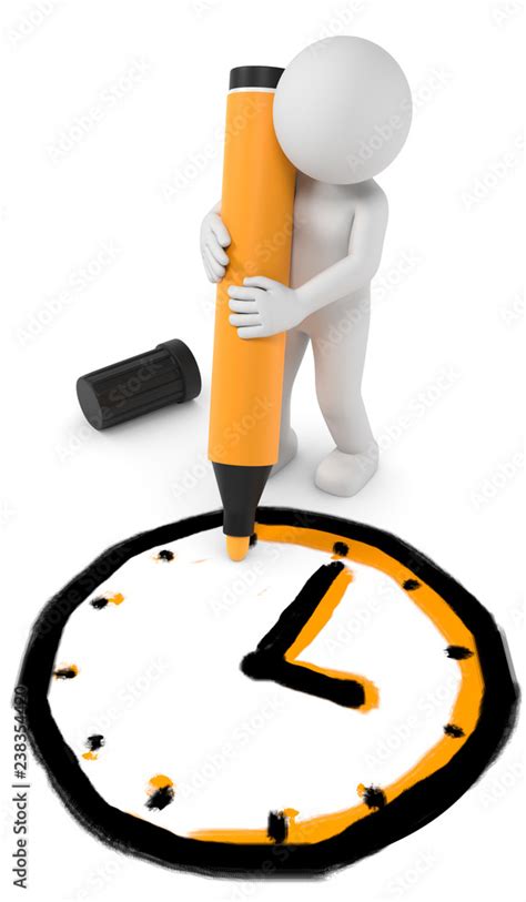 3D Illustration weißes Männchen mit Stift Uhr Stock Illustration