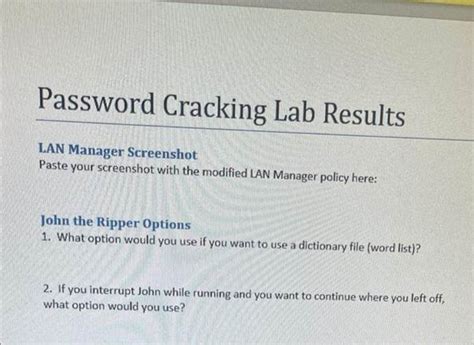 Solved Password Cracking Lab Results Lan Manager Screenshot Paste