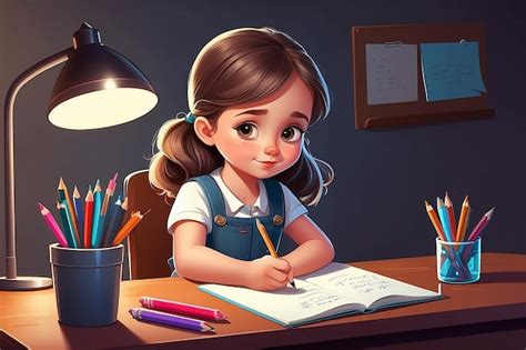 Niña linda escribiendo y pensando sea feliz Ilustración vectorial de