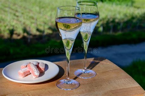 Tasting Of Premier Cru Sparkling Rose Wine With Bubbles Champagne With