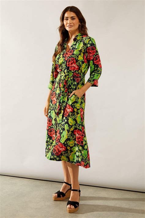 Dresses Floral Print Viscose Belted Midi Shirt Dress Wallis