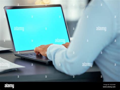 Green Screen Laptop Mockup With Female Hands Typing At Office Starting Work And Working On