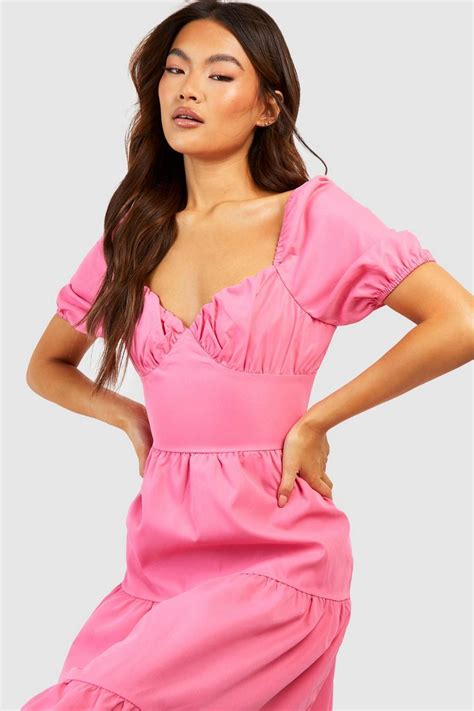 Puff Sleeve Tiered Midi Skater Dress Boohoo Ie