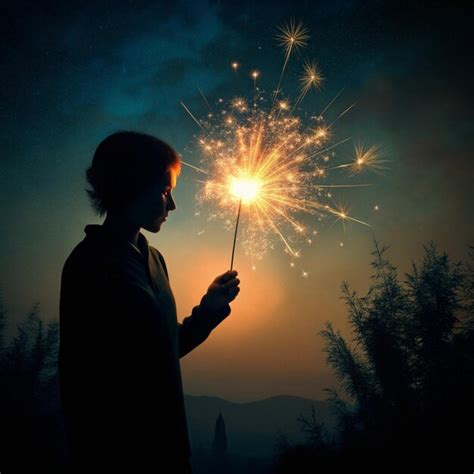 A Woman Holds A Torch That Has Fireworks In The Sky Premium Ai