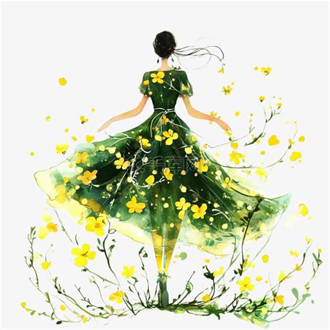 绿色连衣裙与黄色花朵插图素材图片免费下载 千库网