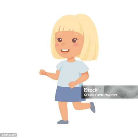 달리기 포즈 벡터 일러스트 레이 션에서 블루 스커트의 웃는 금발 어린 소녀 캐릭터 감정에 대한 스톡 벡터 아트 및 기타 이미지 감정 개념 귀여운 Istock