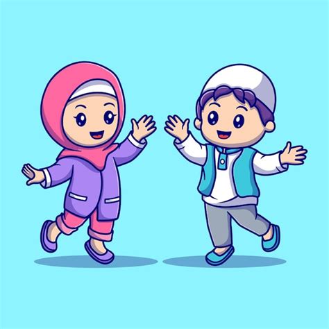 귀여운 행복 이슬람 소년과 소녀 만화 벡터 아이콘 그림 프리미엄 벡터