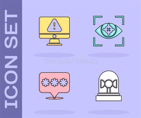 Set Flasher Siren Monitor With Exclamation Mark Password Protection And Eye Scan Icon Vector
