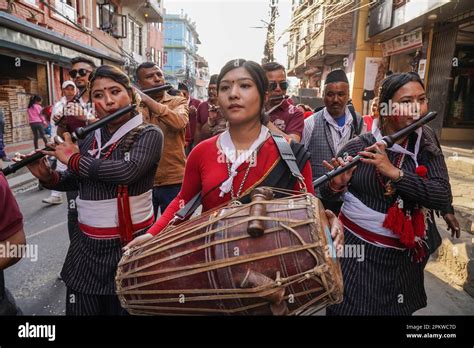 Kathmandu Nepal 9th Apr 2023 Newar People Play Traditional Musical