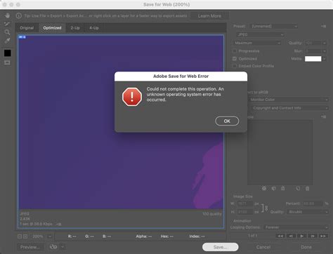 save for web error in photoshop on macos adobe product community