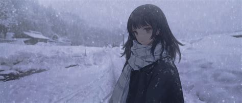 Cold Dark Hair Women Outdoors Standing Long Hair Pixiv Snow