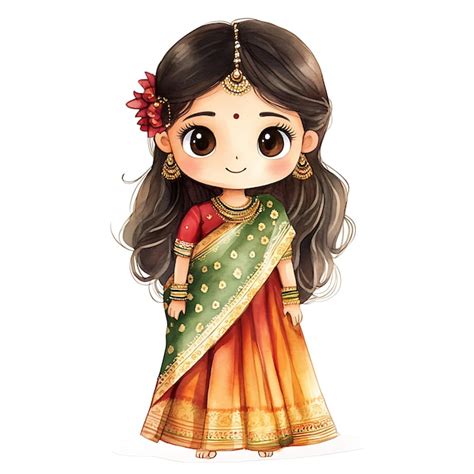 Cute Cartoon Illustration Of A Young Indian Girl In A Traditional Sari