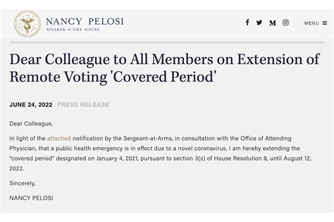 Pelosi Extends House Proxy Vote Period Through Aug 12