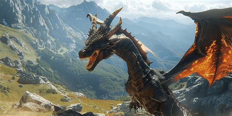 산봉우리 꼭대기에 자리잡은 장엄한 용은 수수께끼 같은 풍경을 내려다보며 정상에 강력한 경비병을 서고 있습니다 용 산 판타지 생물 배경 일러스트 및 사진 무료 다운로드