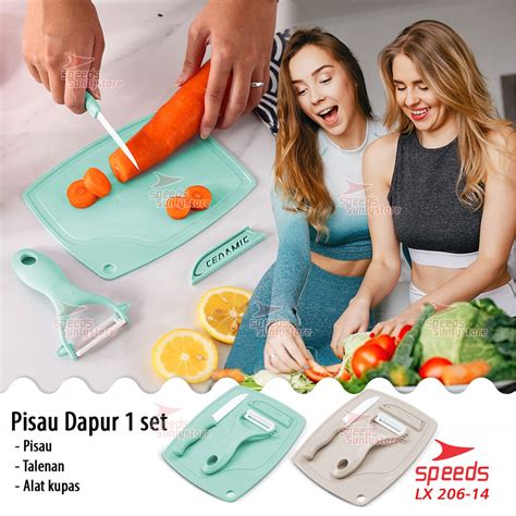 Jual SPEEDS Pisau Satu Set Alat Dapur Dengan Telenan Pisau Keramik 3in1