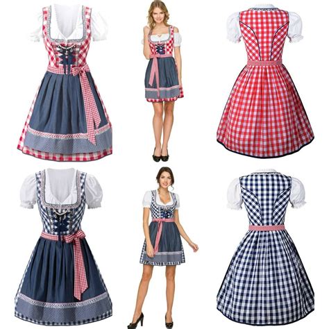 Womens Oktoberfest Beer Maid Dirndl Checked Dress Costume