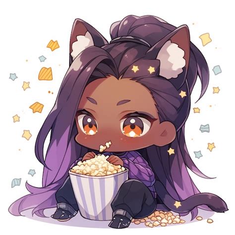 Premium Photo Anime Girl With Cat Ears Eating Popcorn And Popcorn