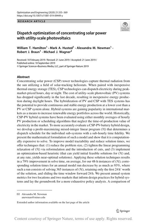 Dispatch Optimization Of Concentrating Solar Power With Utility Scale