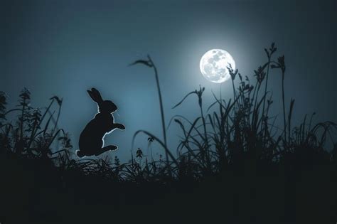 Premium Photo Under The Easter Moon A Bunnys Silhouette Jumps Across