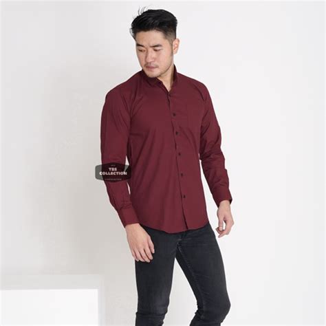 Jual Kemeja Lengan Panjang Pria Merah Maroon Polos Cowok Casual Slimfit