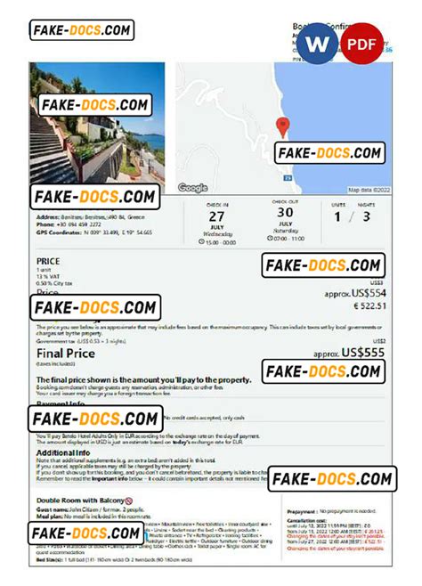 Greece Hotel Booking Confirmation Word And Pdf Template Pages Fake Docs