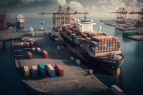 Shipping Container Port Illustration With Giant Cargo Ships Ai Generated Stock Illustration