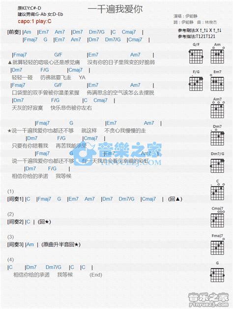 伊能静一千遍我爱你吉他谱 C调吉他弹唱谱 和弦谱 吉他弹唱 打谱啦