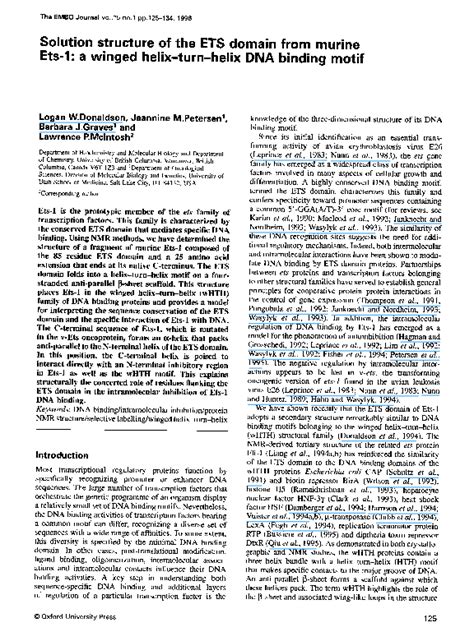 Pdf Solution Structure Of The Ets Domain From Murine Ets 1 A Winged Helix Turn Helix Dna
