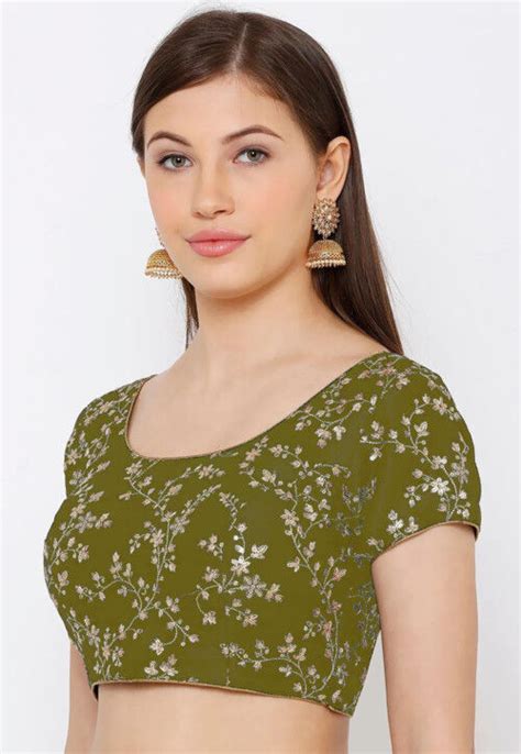 Buy Embroidered Dupion Silk Blouse In Olive Green Online Uve157