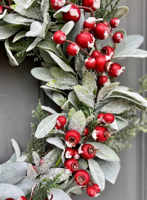 Farmhouse Red Berry Lambs Ear Winter Wreath For Front Door Etsy