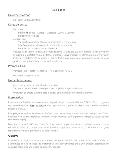 clase 00 silabus excel básico lmmjv pdf microsoft excel hoja de
