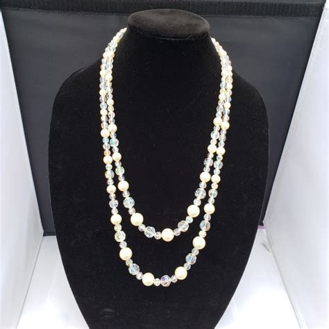 Vintage Aurora Borealis Glass Faux Pearl Double Stran Gem