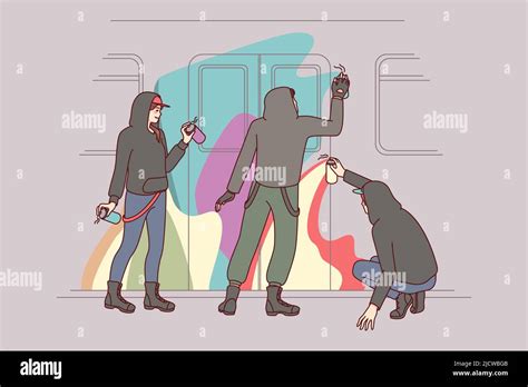 Gente Pintando El Tren Subterráneo Con Graffiti Vándalos Dibujando