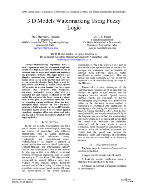 Pdf 3 D Model Watermarking Using Fuzzy Logic