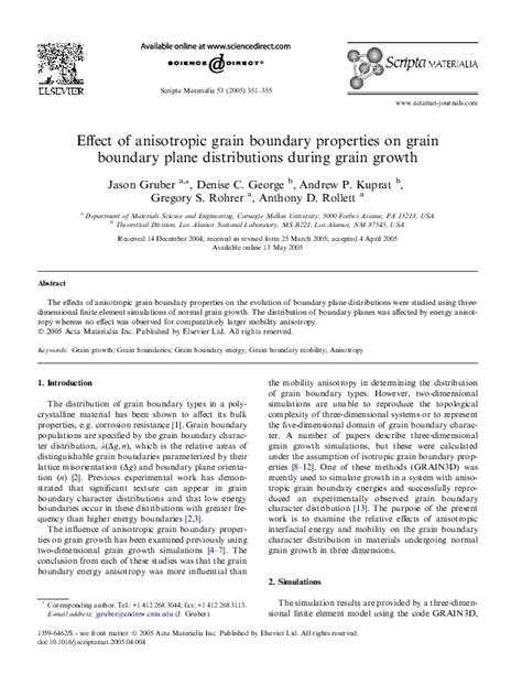 Pdf Effect Of Anisotropic Grain Boundary Properties On Grain Boundary Plane Distributions