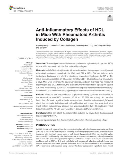Pdf Anti Inflammatory Effects Of Hdl In Mice With Rheumatoid