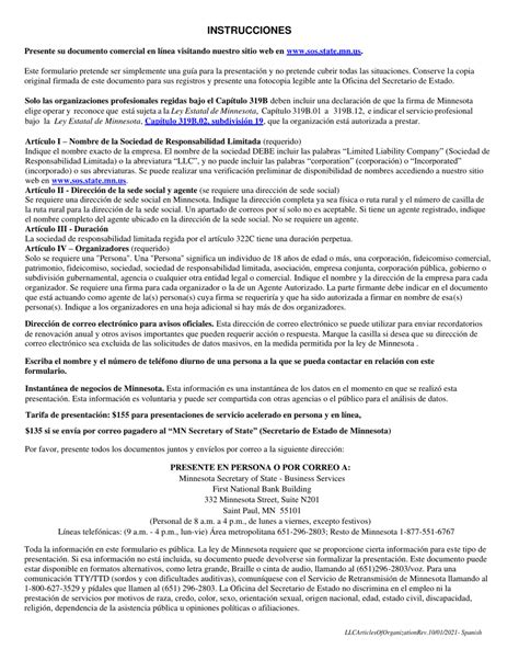 Minnesota Minnesota Limited Liability Company Articles Of Organization