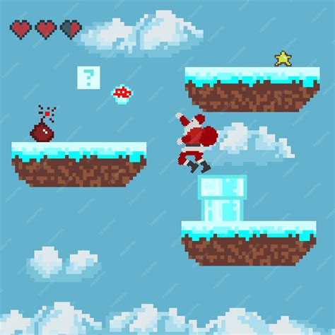 겨울 픽셀 게임 산타 클로스의 전투 레트로 아트 게임 8비트 픽셀 플랫포머 게임 리소스 벡터 일러스트 X9 프리미엄 벡터