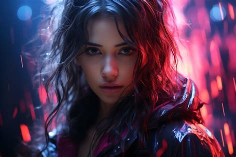 Cyberpunk Woman Portrait Futuristic Neon Style Ai Generated Premium