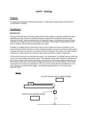Lab Energy Docx Lab Energy Purpose To Explore The Concept Of Mechanical Energy To