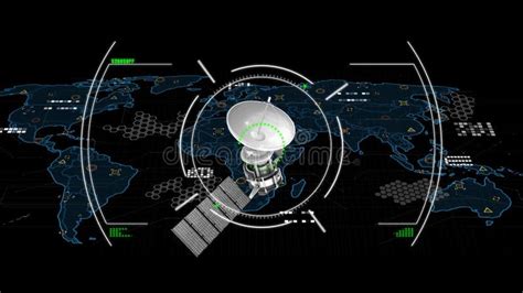 Animation Of Satellite Over World Map Scope Scanning And Data
