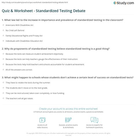 Quiz And Worksheet Standardized Testing Debate