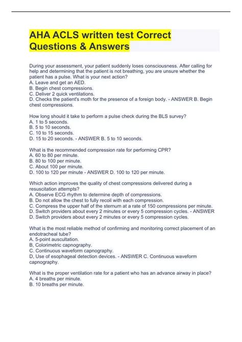 AHA ACLS Written Test Correct Questions Answers AHA ACLS Stuvia US